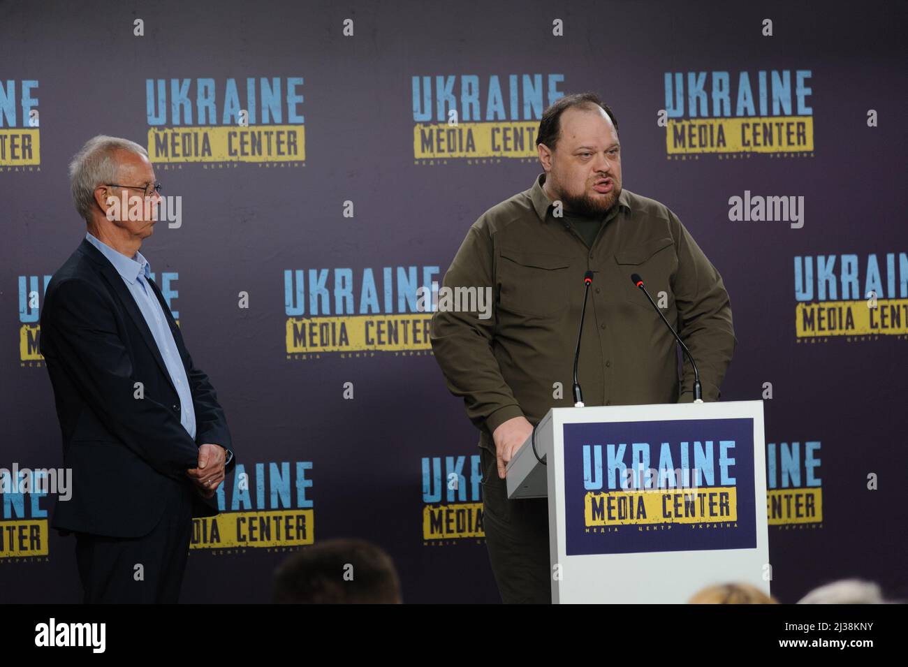 Lviv, Ukraine. 06th Apr, 2022. Ruslan Stefanchuk (R) speaker of Ukrainian Parliament and Tiny ...