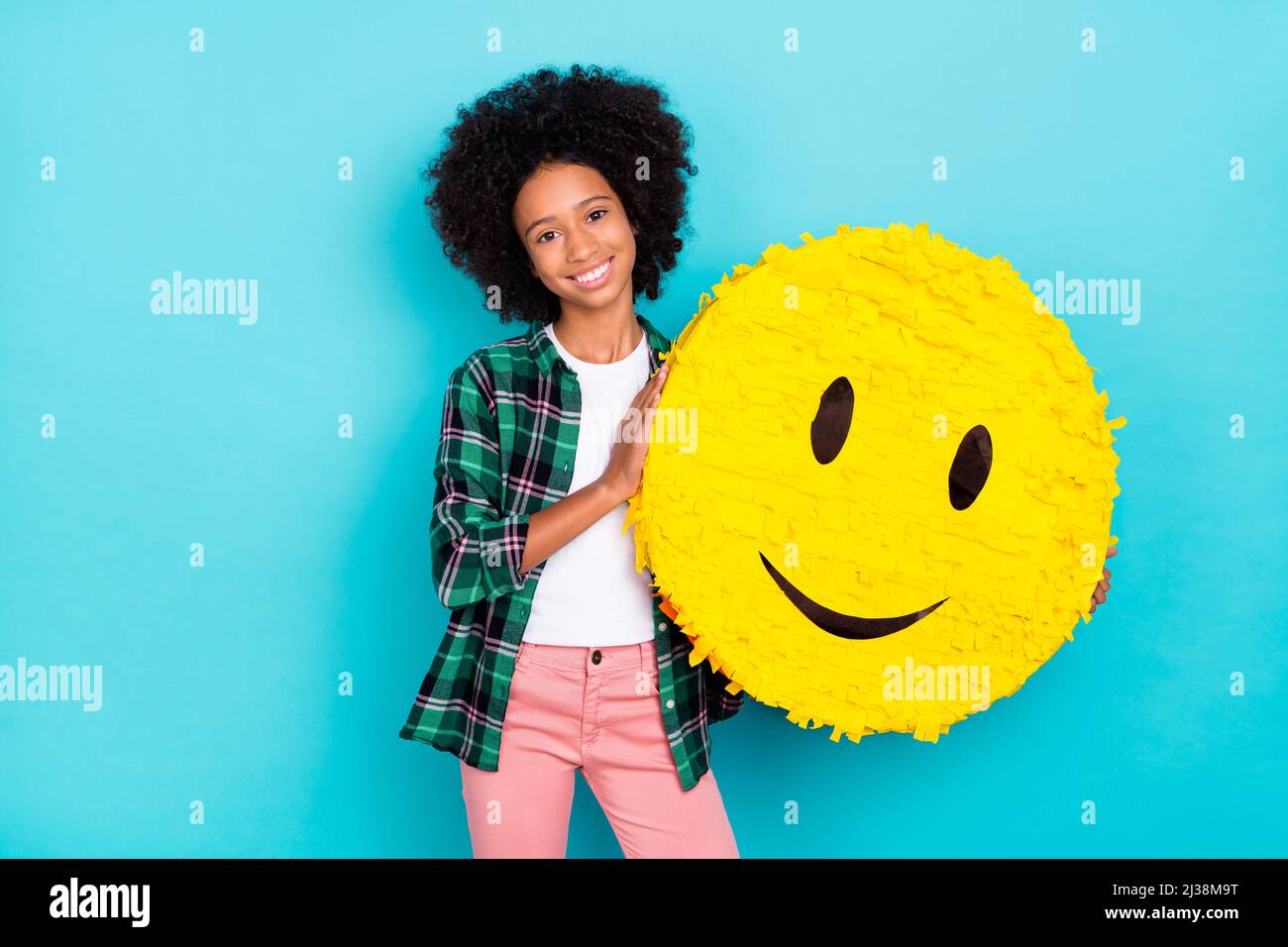 Photo of cheerful positive lady hold emoji smile pinata wear checkered ...