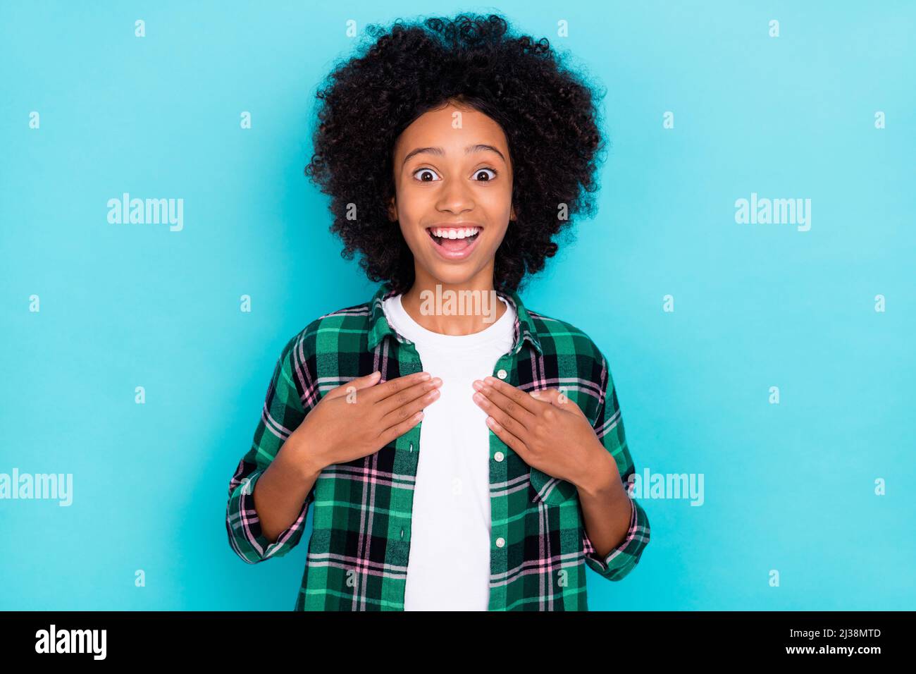 Photo of funny excited positive lady omg reaction hands chest wear ...