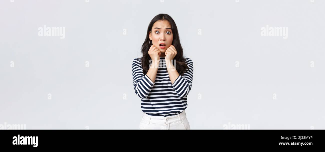 Lifestyle, people emotions and casual concept. Scared worried asian ...