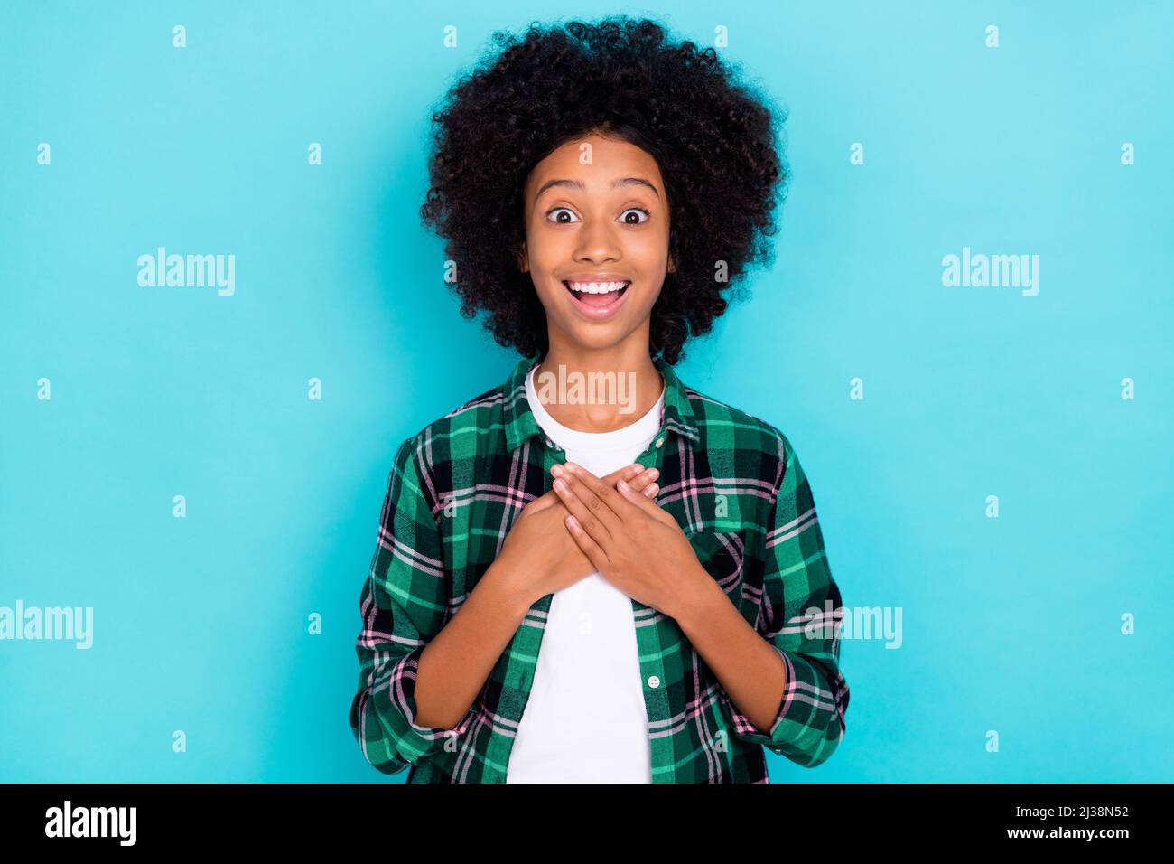 Photo of grateful crazy lady hold palms chest funny admiration reaction ...