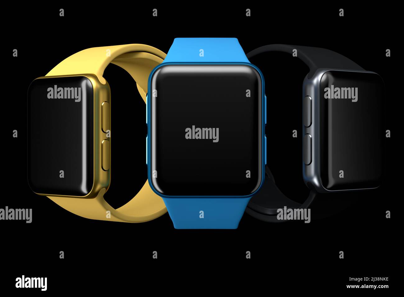 Set of smart watches or fitness tracker on black background.. 3D render ...