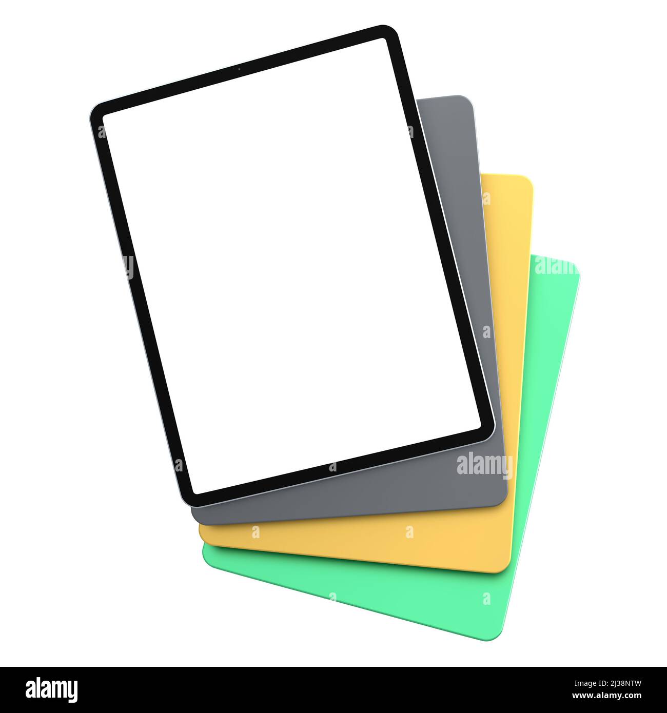 Set of computer tablets with cover case and blank screen isolated on ...