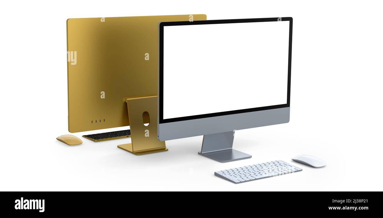 Desktop computer screen display with keyboard and mouse isolated on white background. 3D ...