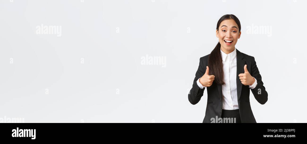 Excited happy saleswoman praise friend work, showing thumbs-up in ...