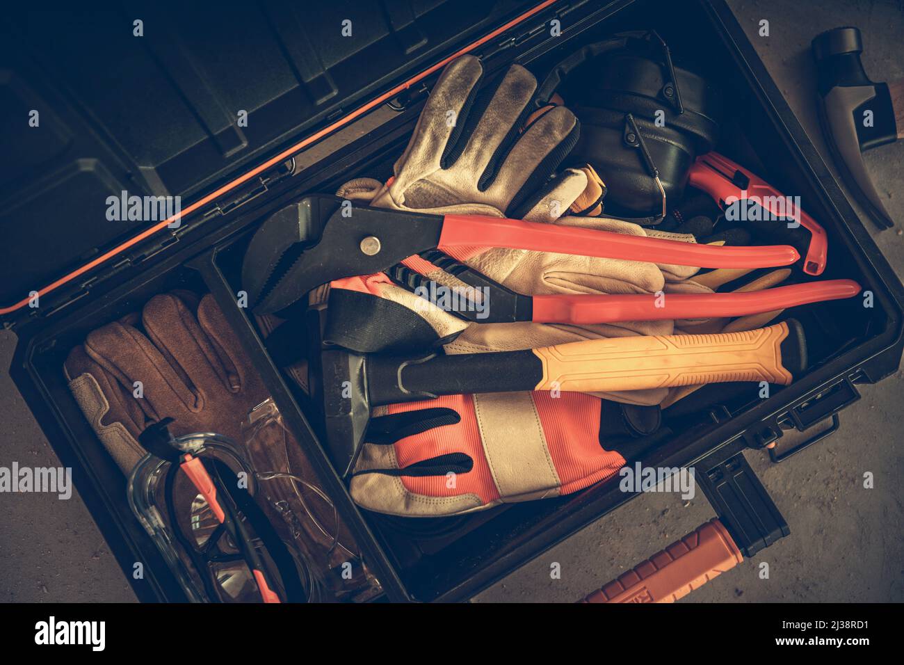 Modern Contractor Toolbox with Tools, Gloves and Eye Protection Glasses ...