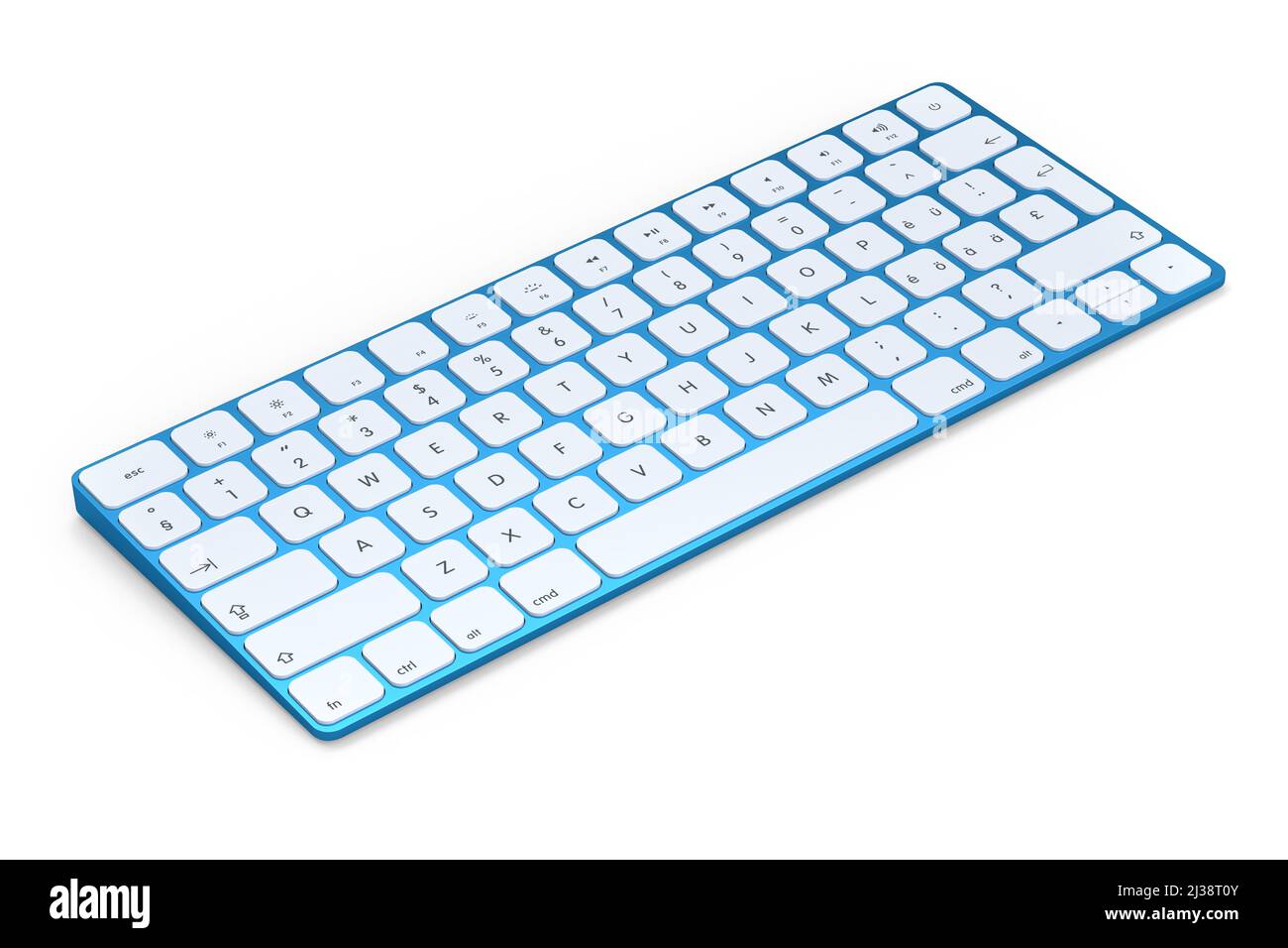 Modern blue aluminum computer keyboard isolated on white background. 3D ...