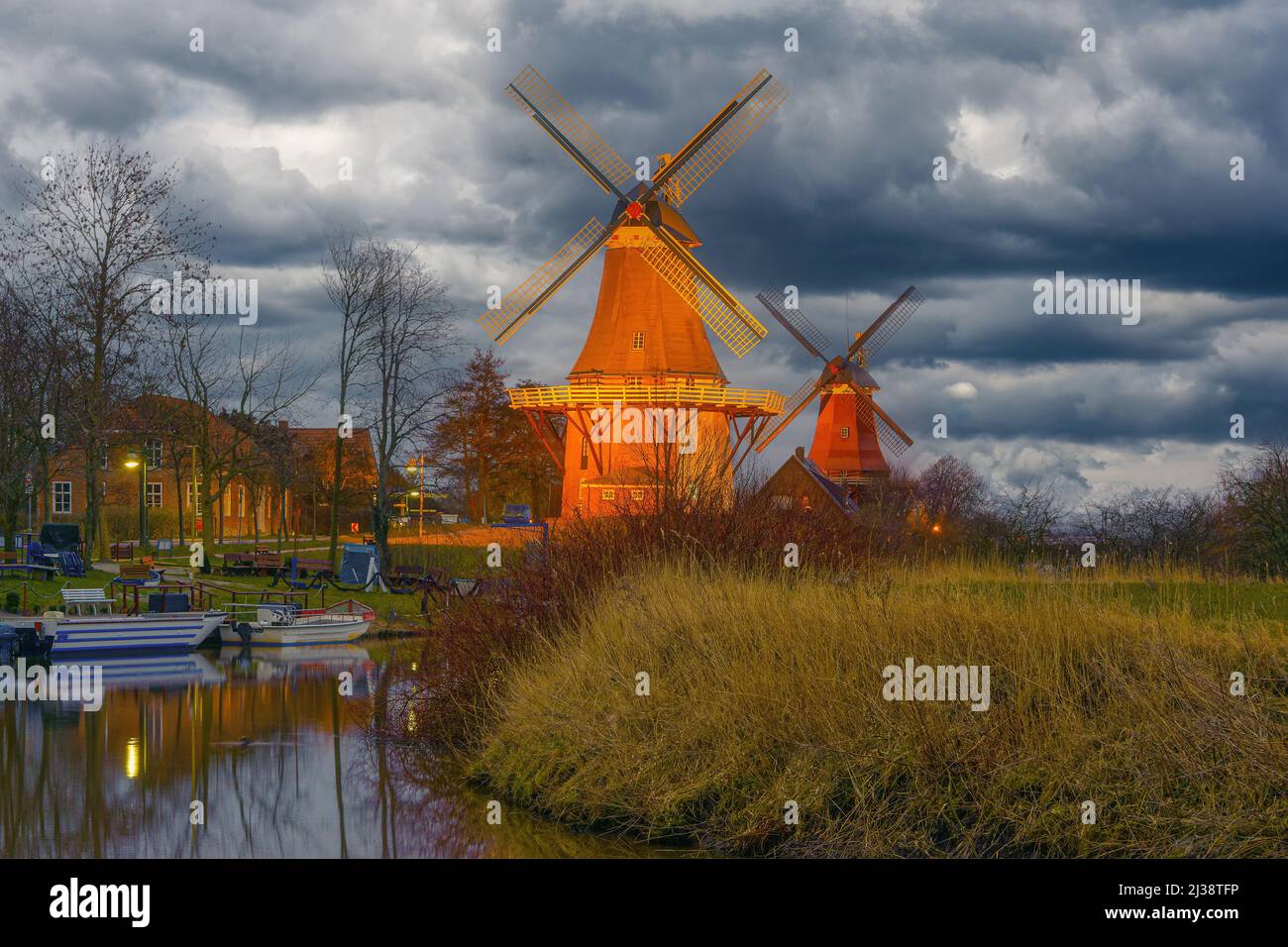 the famous Windmills of Greetsiel at Night,North Sea,East Frisia,lower ...