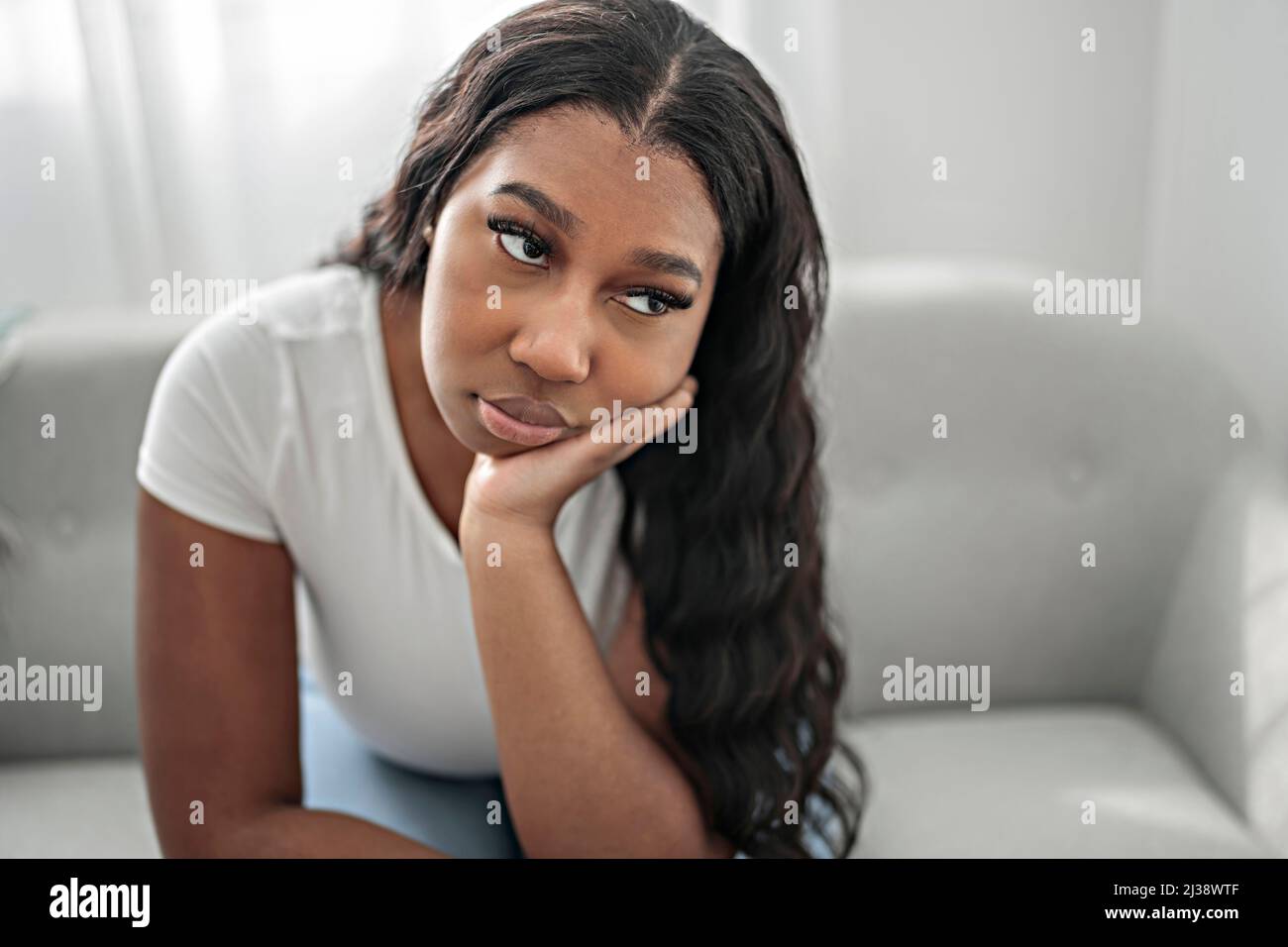 Stressed miserable black woman suffer from grief problem, depressed ...