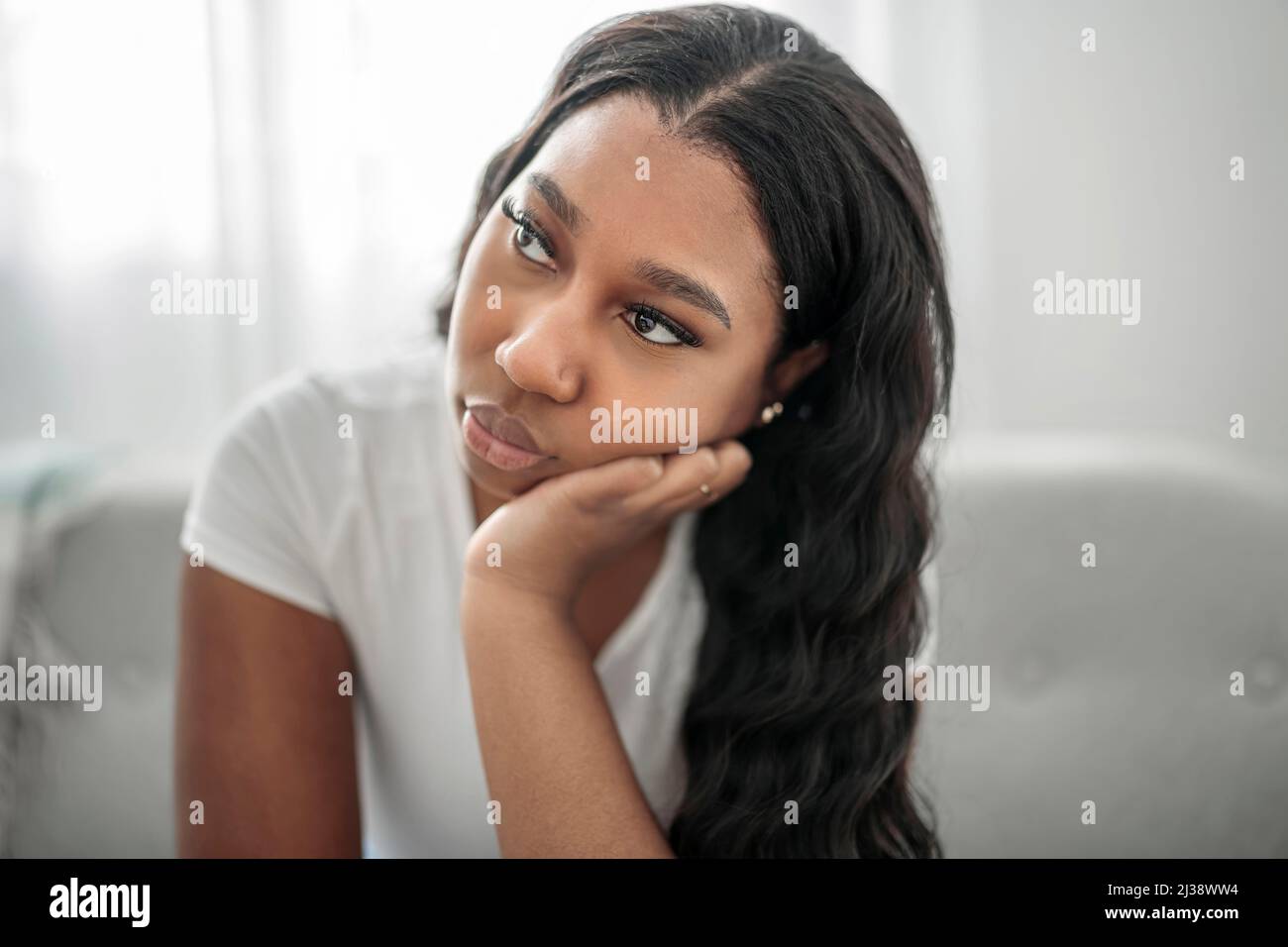 Stressed miserable black woman suffer from grief problem, depressed ...