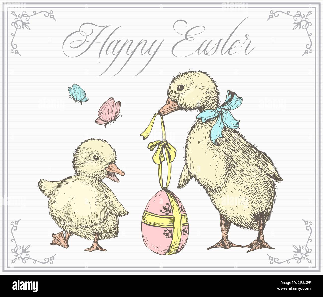 Easter Greeting Card with Hand Drawn Cute Ducklings Vector Illustration ...