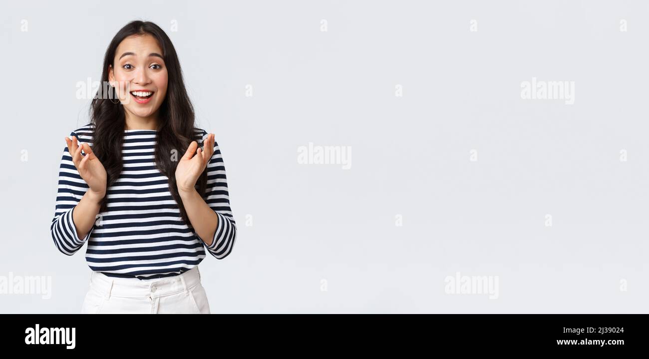 Lifestyle, people emotions and casual concept. Rejoicing happy asian ...