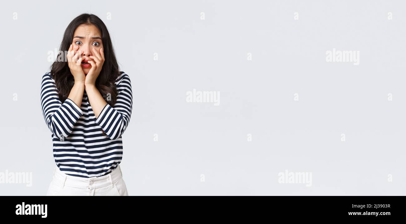 Lifestyle, people emotions and casual concept. Scared timid and ...