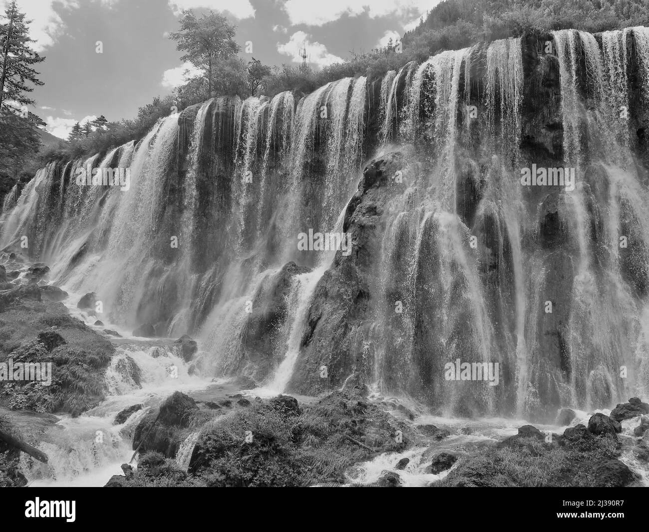The view of a waterfall in black and white Stock Photo - Alamy