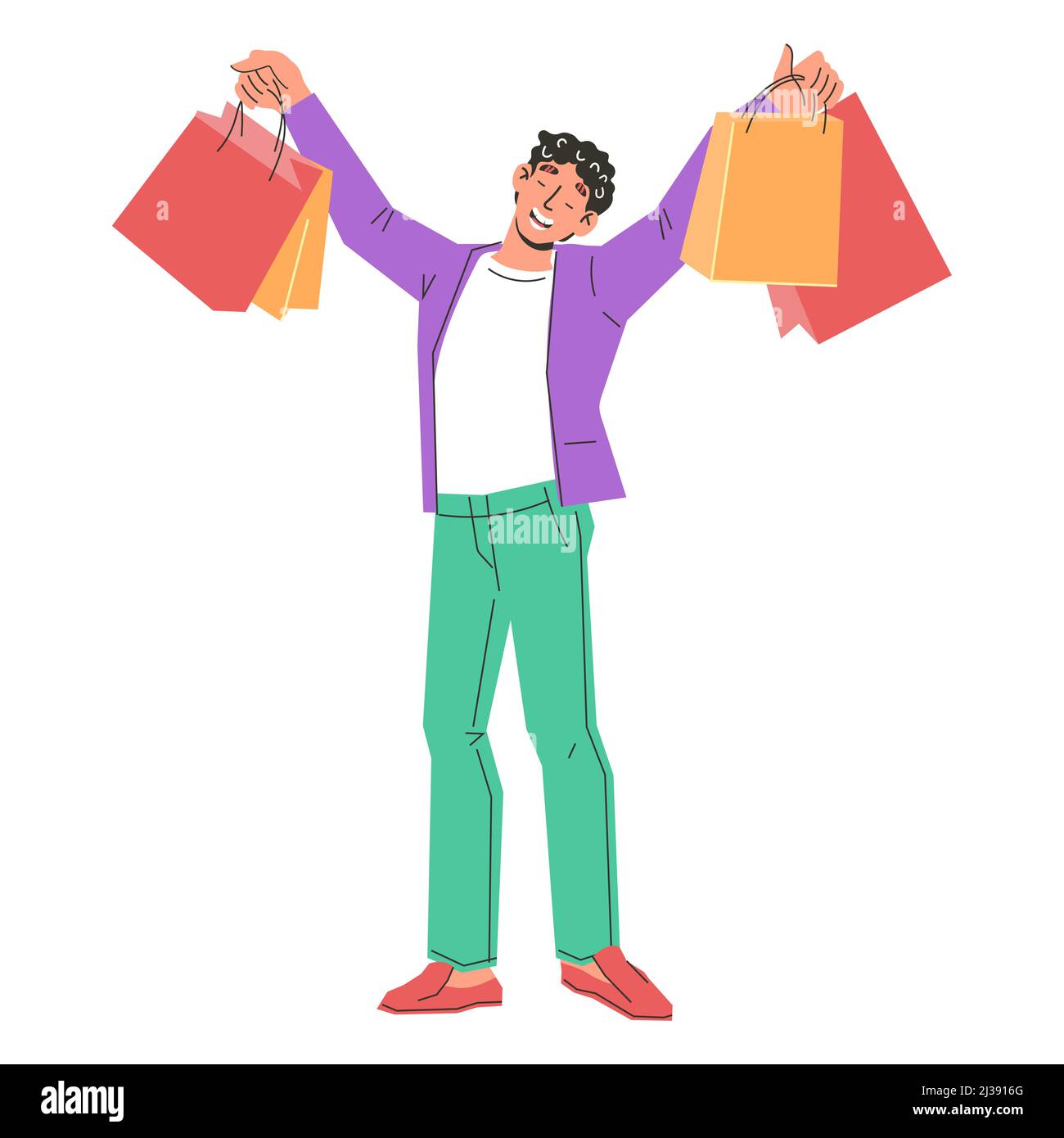 Happy shopper or buyer man raising hands with shopping bags ...