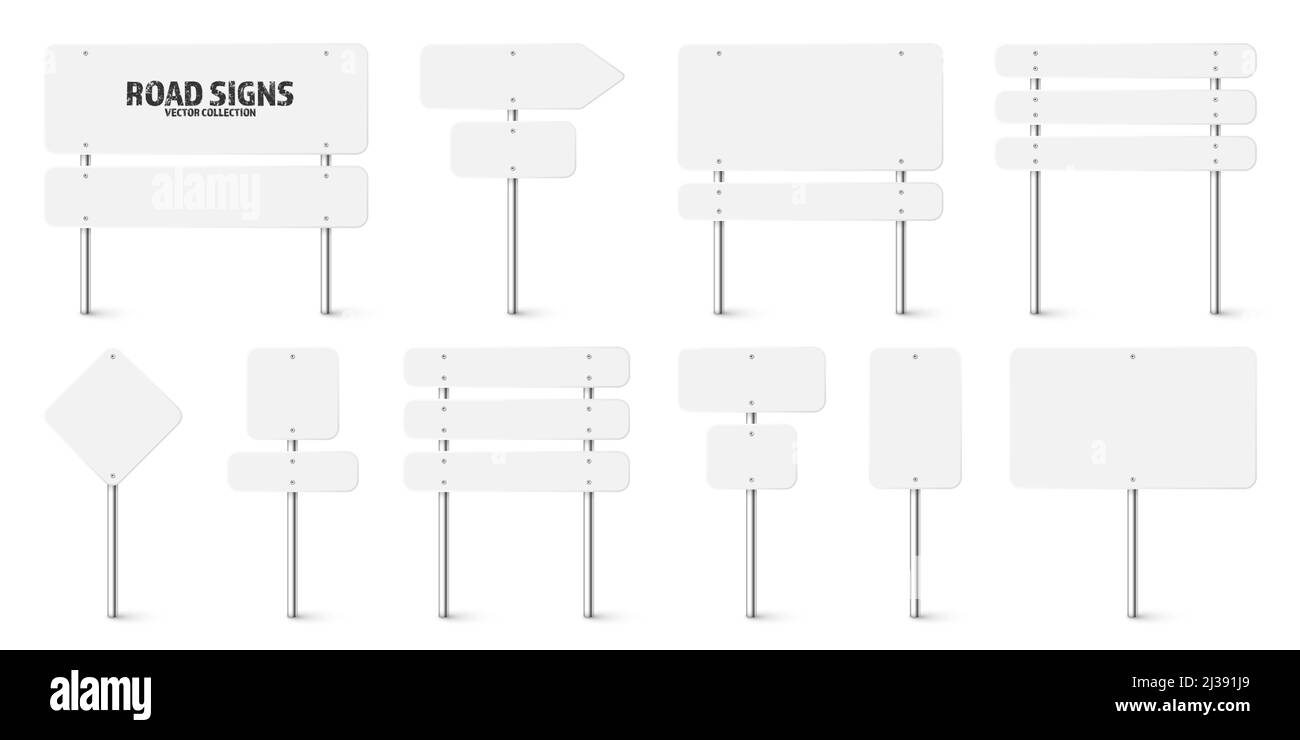 Various road, traffic signs. Highway signboard on a chrome metal pole ...