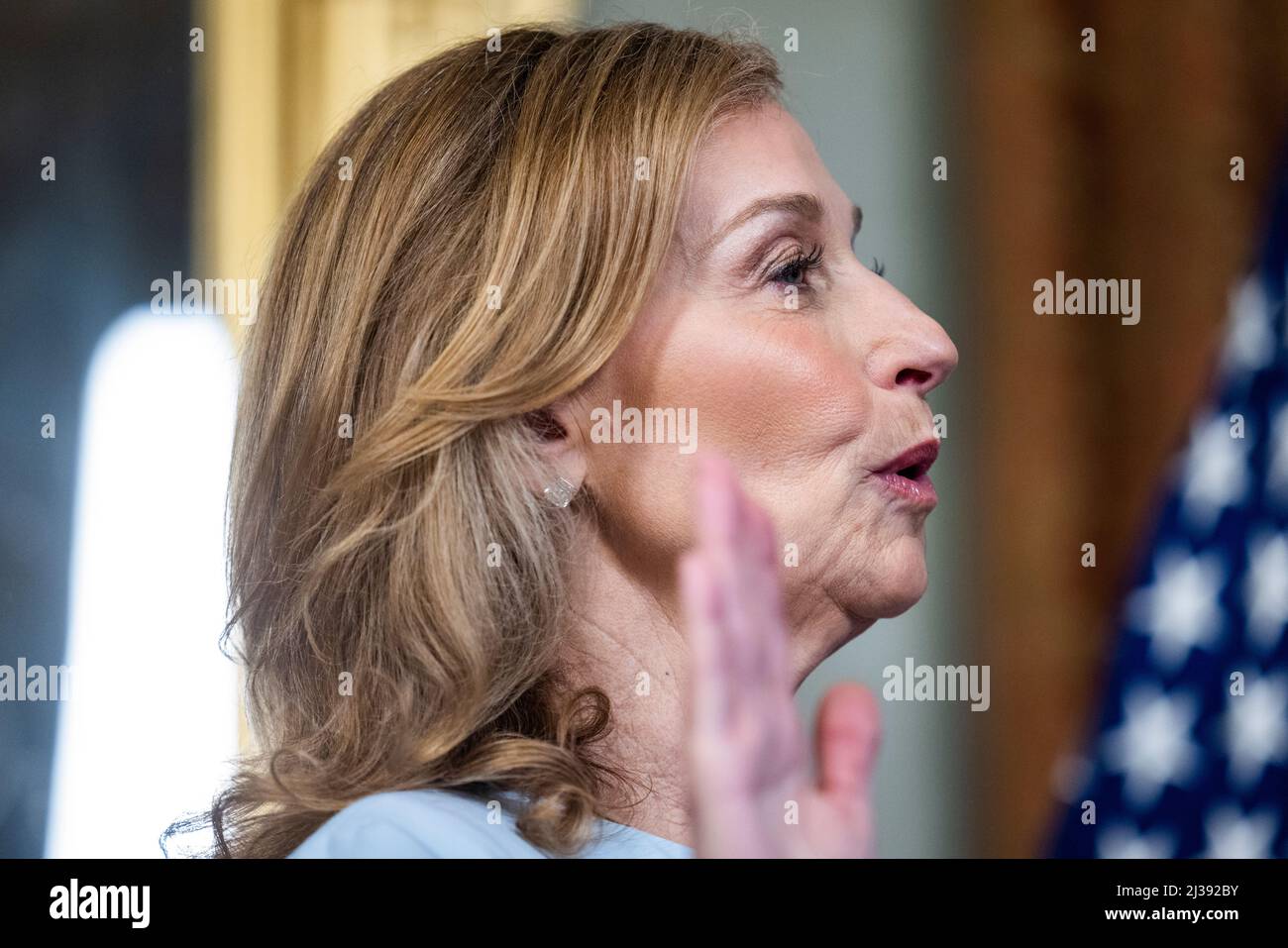 Randi Levine (L) is sworn in as the US ambassador to Portugal in the ...