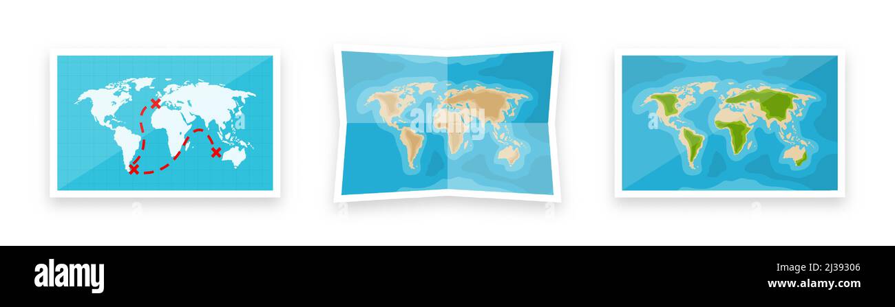 Folded world maps in a flat style. Simplified paper map with shadow ...