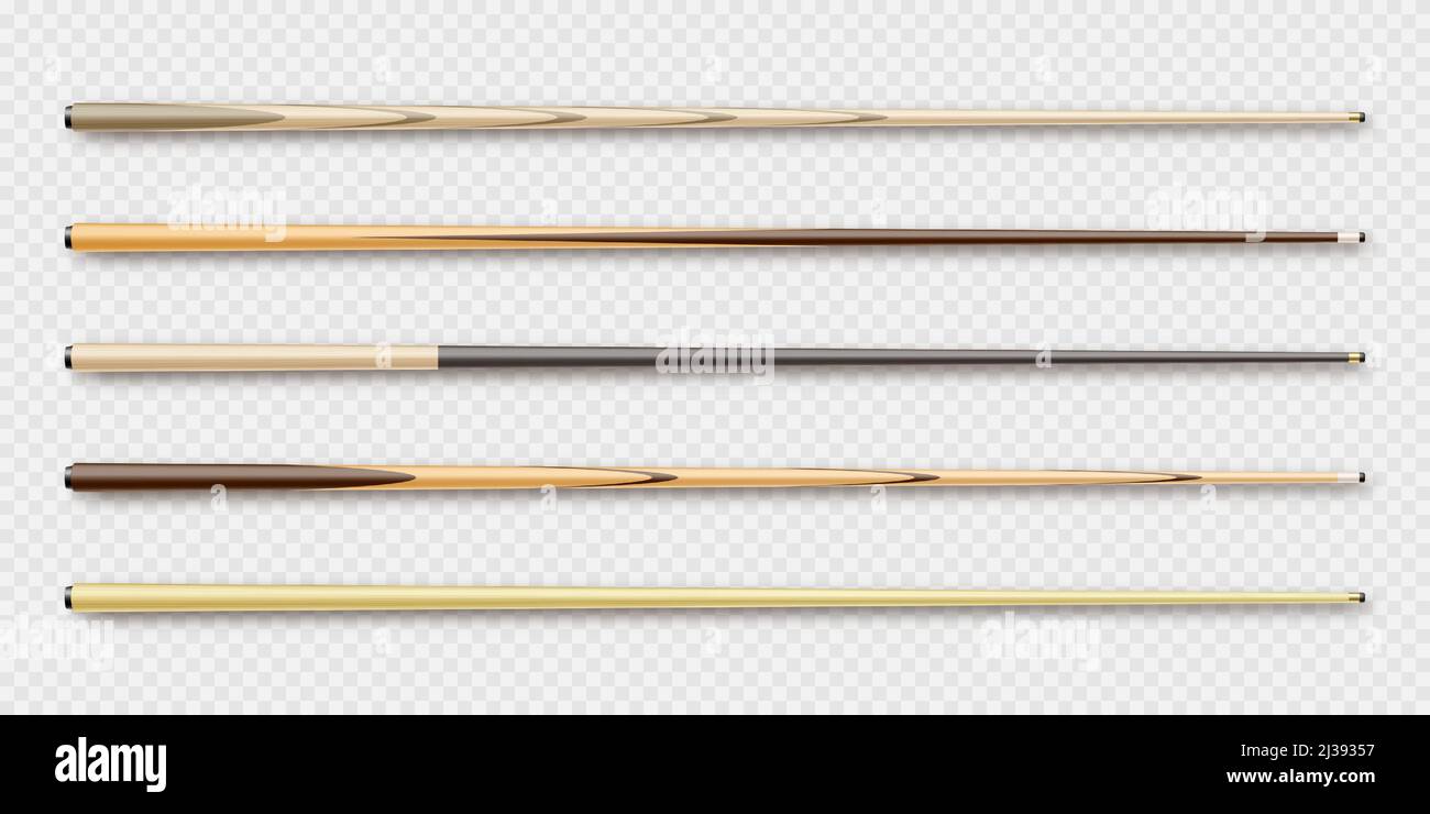 Various wooden billiard cues. Snooker sports equipment. Vintage pool cue. Active recreation and ...