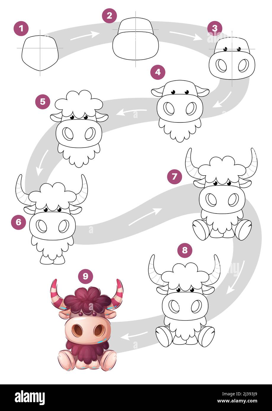 Drawing cartoon character cow bull, step by step tutorial Stock Vector ...