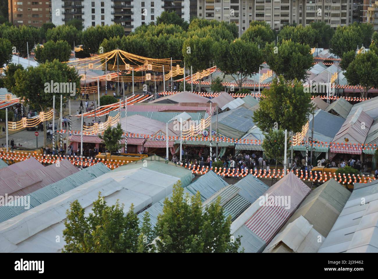 An aerial view of the Seville Trade and Exhibition Center with stalls ...