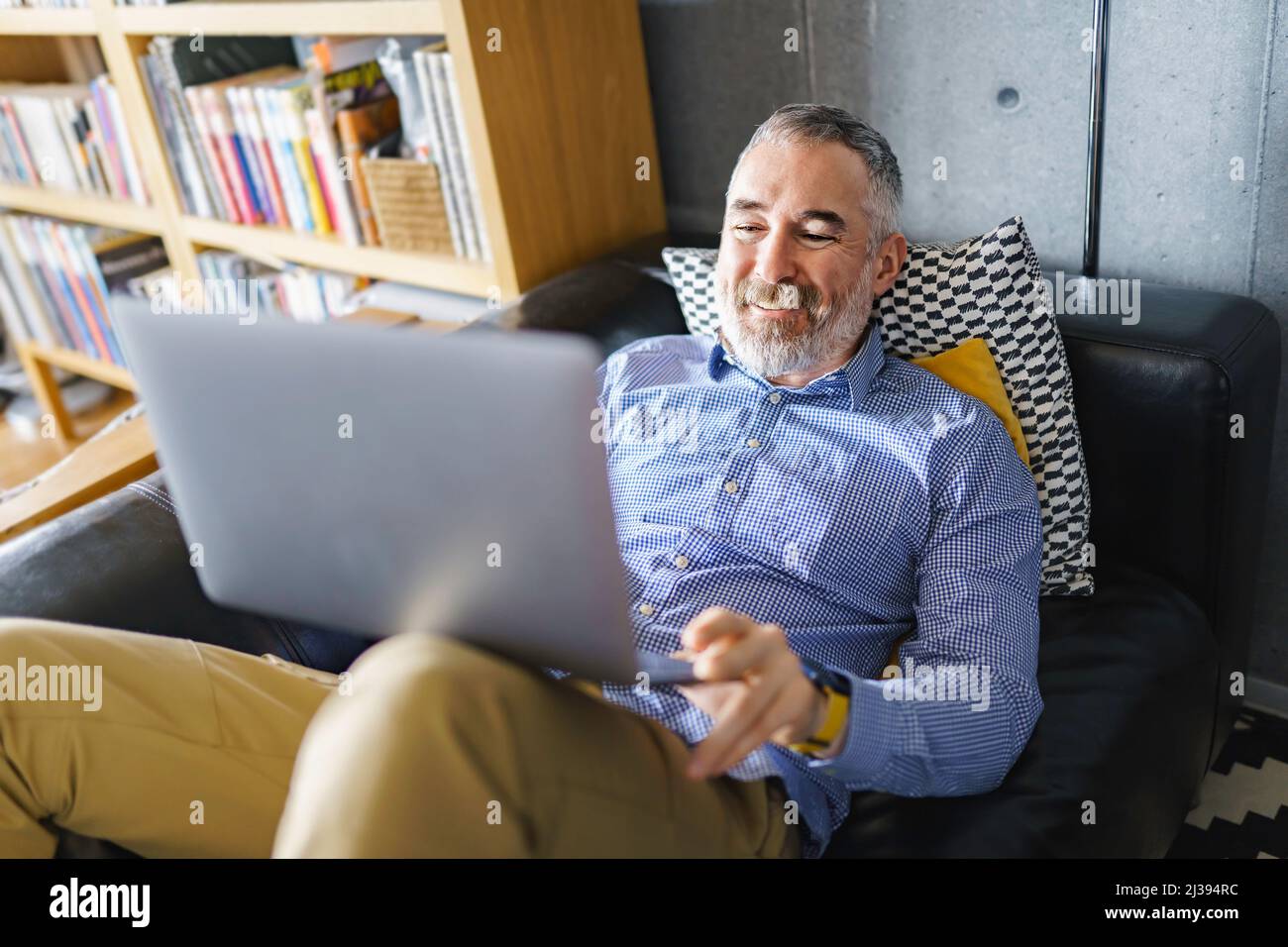 Portrait of handsome man with laptop on sofa Stock Photo - Alamy