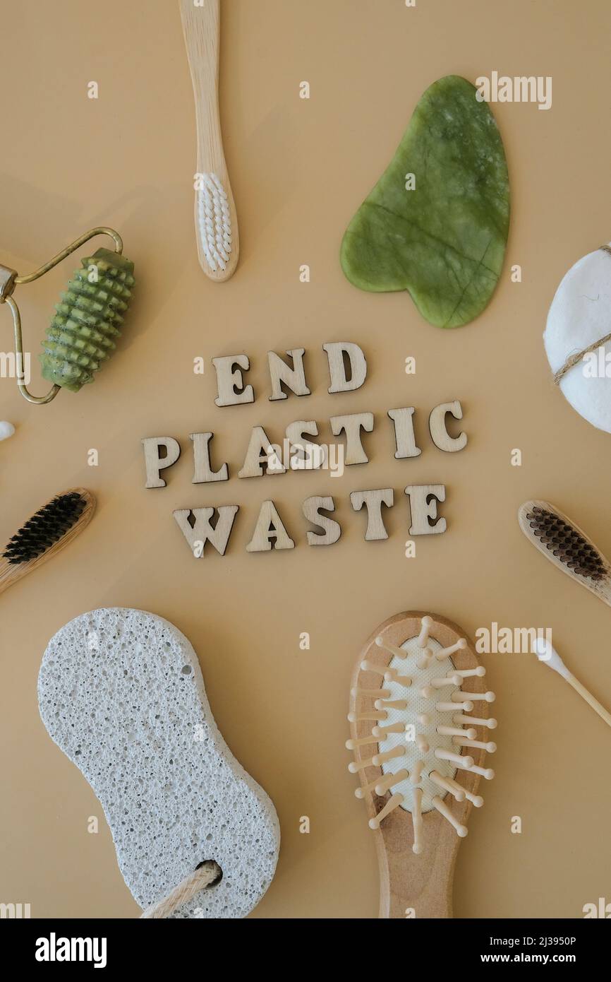 END PLASTIC WASTE text around Natural skin care products on neutral ...