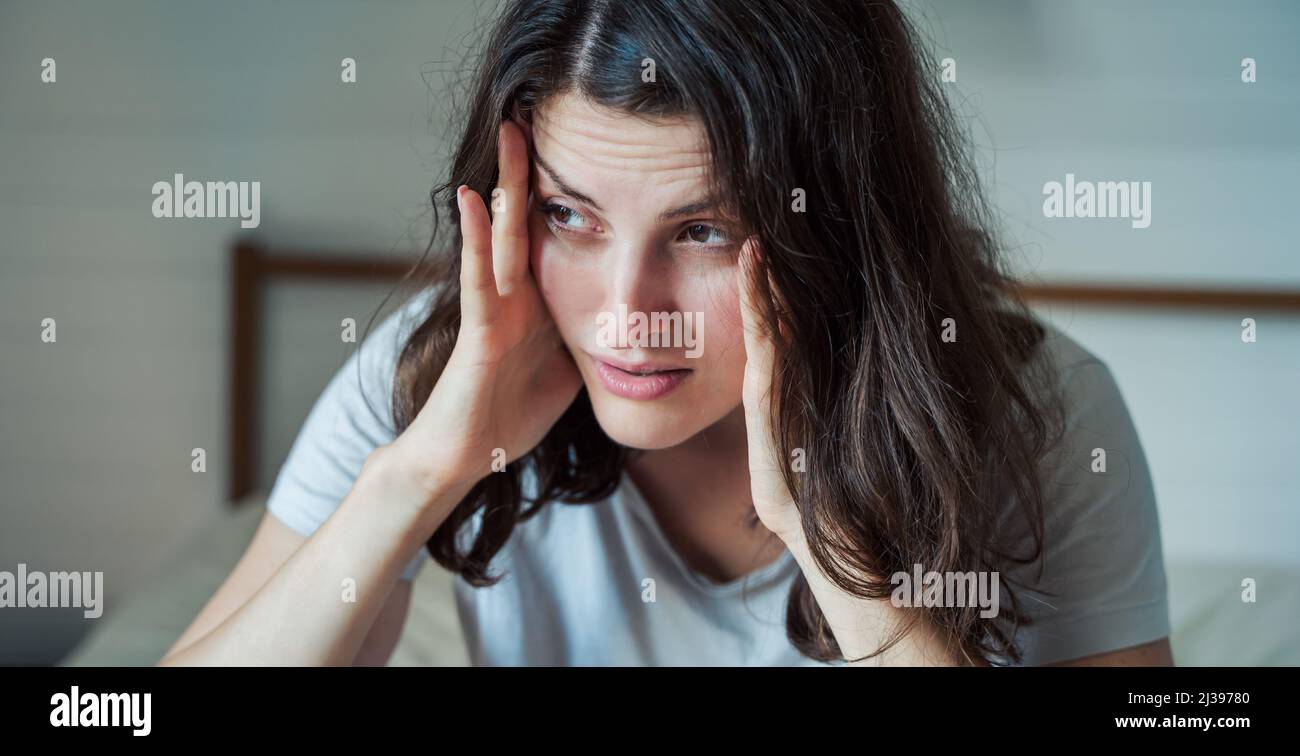 Sad, unhappy woman in depression. Stress, anxiety, tension ...