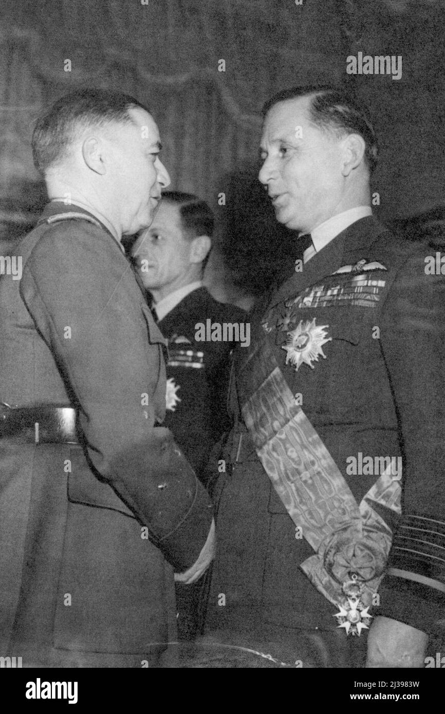 France Honours British Service Chiefs -- General Juin (left) shaking ...