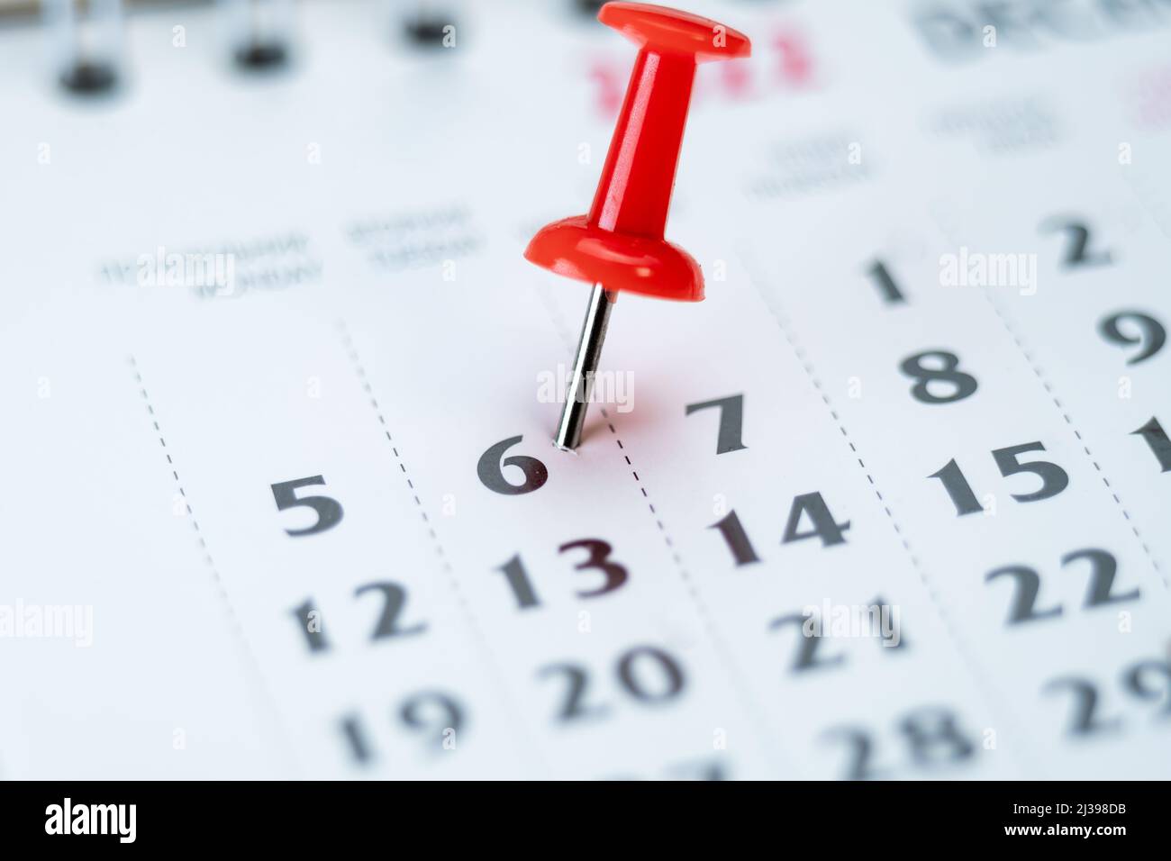 Red push pin on calendar 6th day of the month, mark the Event day with ...