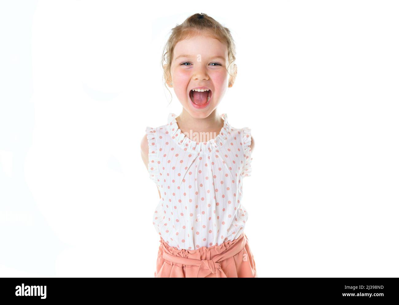 cute five year old caucasian girl yell isolated on white Stock Photo ...