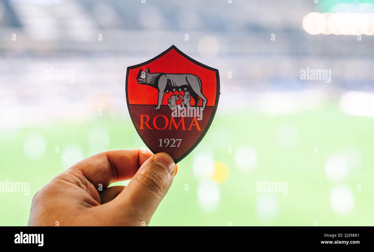 September 12, 2021, Rome, Italy. A.S. Football Club emblem Roma against ...