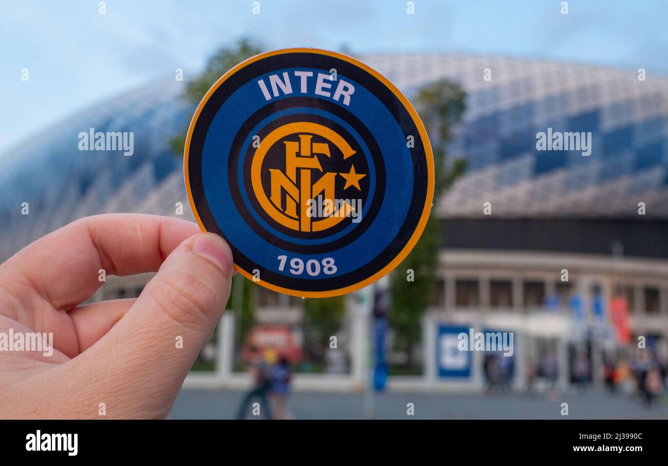 12 September 2021, Milan, Italy. The emblem of the football Inter Milan ...