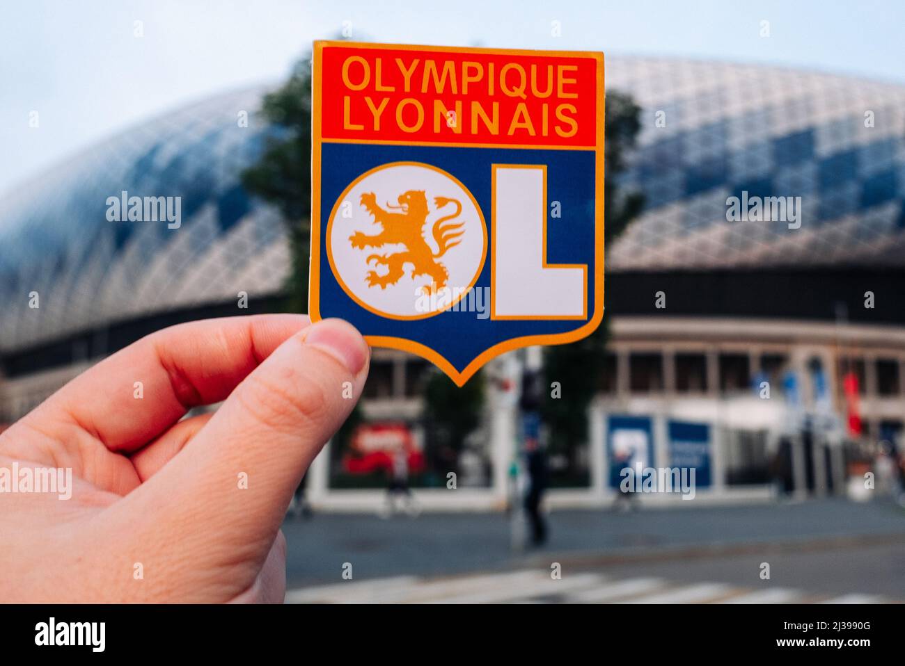 September 12, 2021, Lyon, France. The emblem of the football club ...