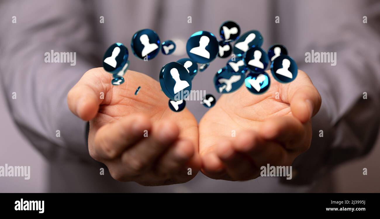 An illustration of people icons above the hands Stock Photo - Alamy