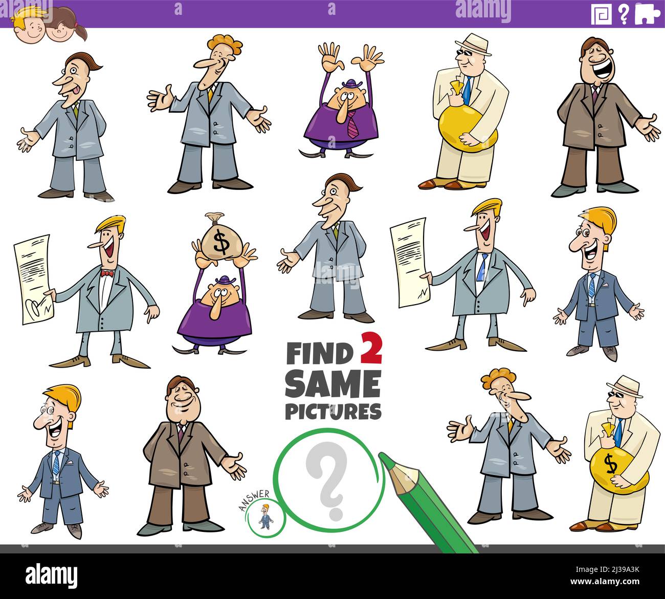 Cartoon illustration of finding two same pictures educational game with ...