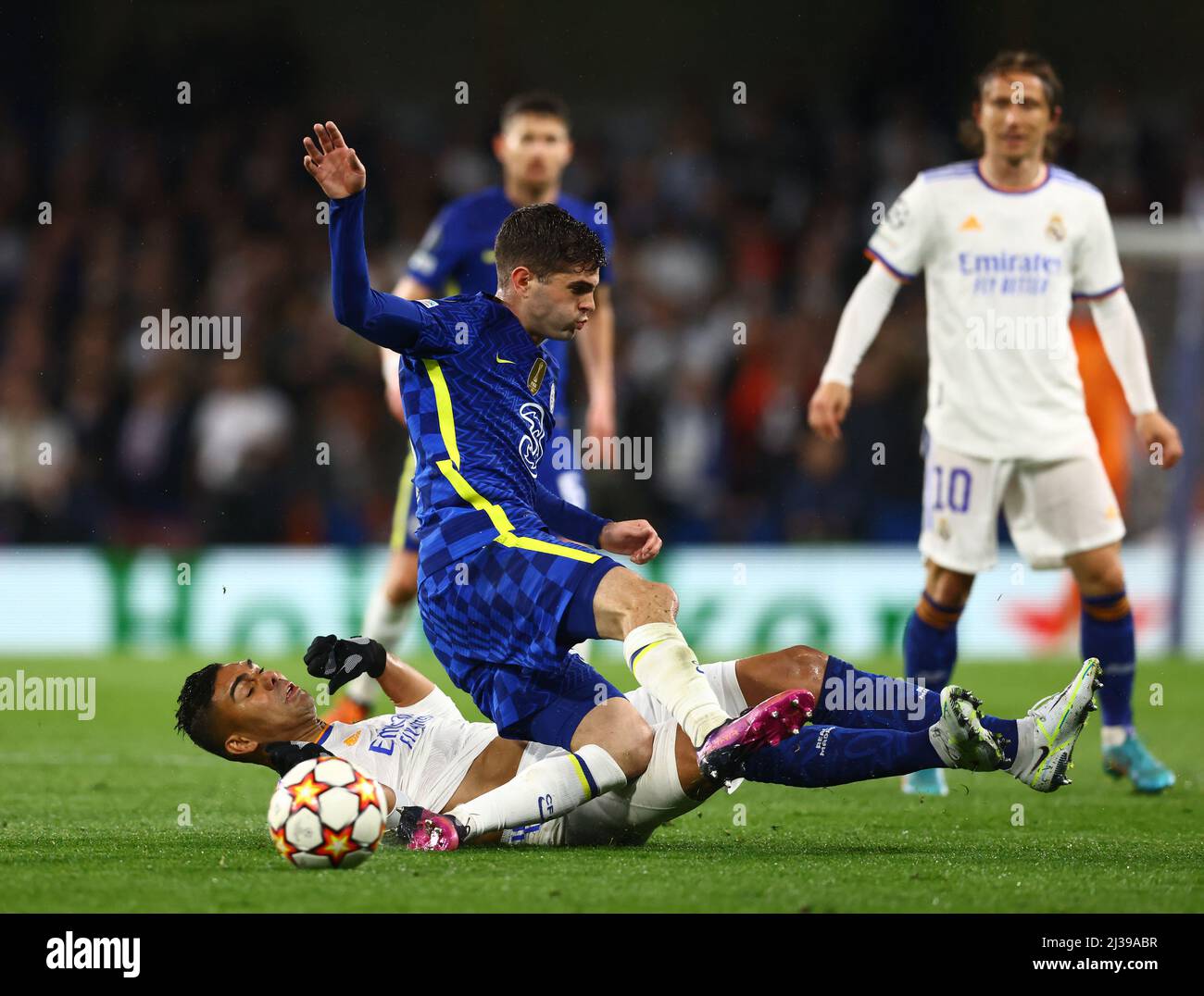 London, England, 6th April 2022. Casemiro of Real Madrid tackles ...