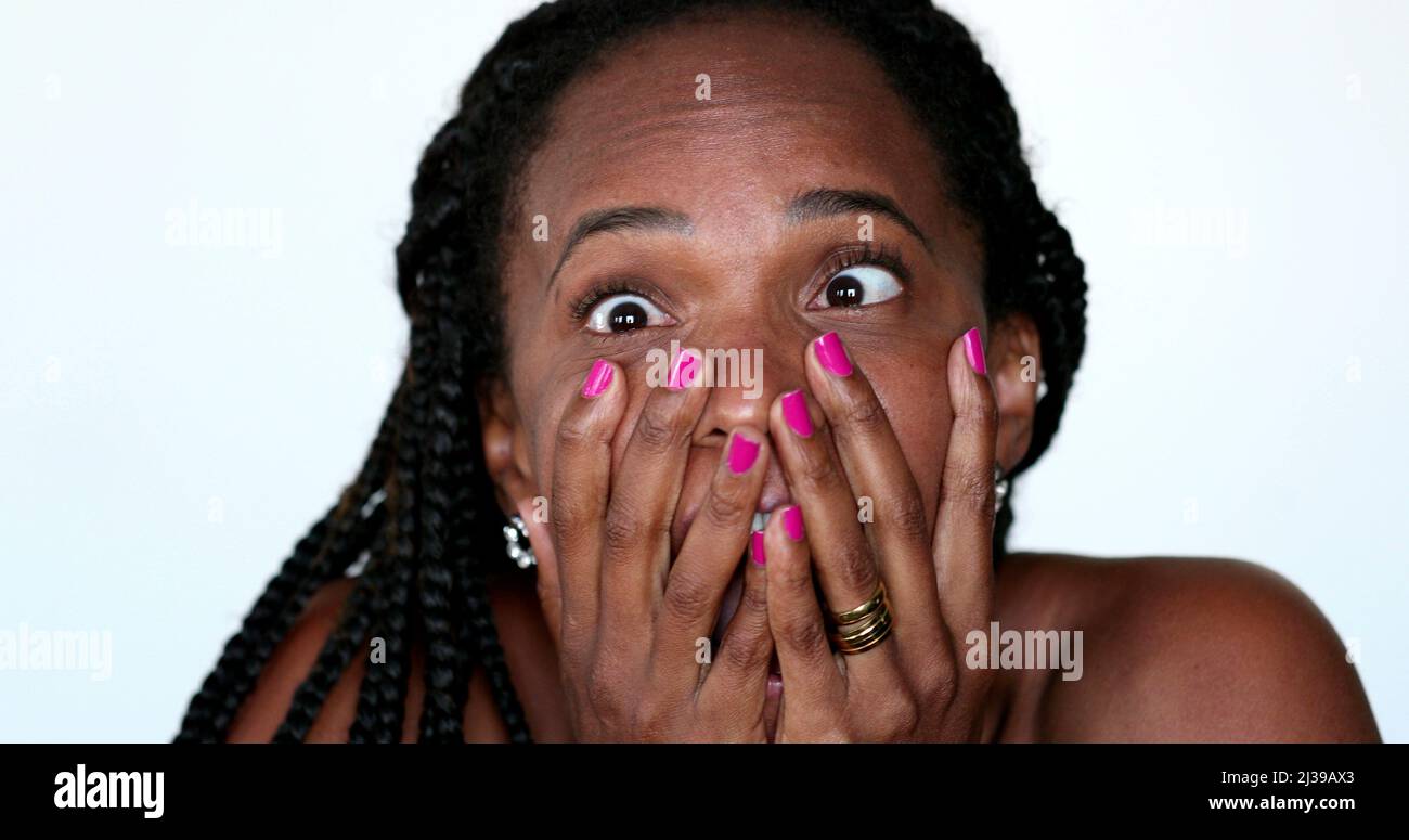 Neurotic nervous African american woman reacting with TERROR emotion ...