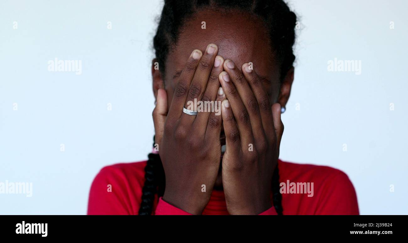 Sad Anxious black teen african girl portrait face, emotional reaction ...