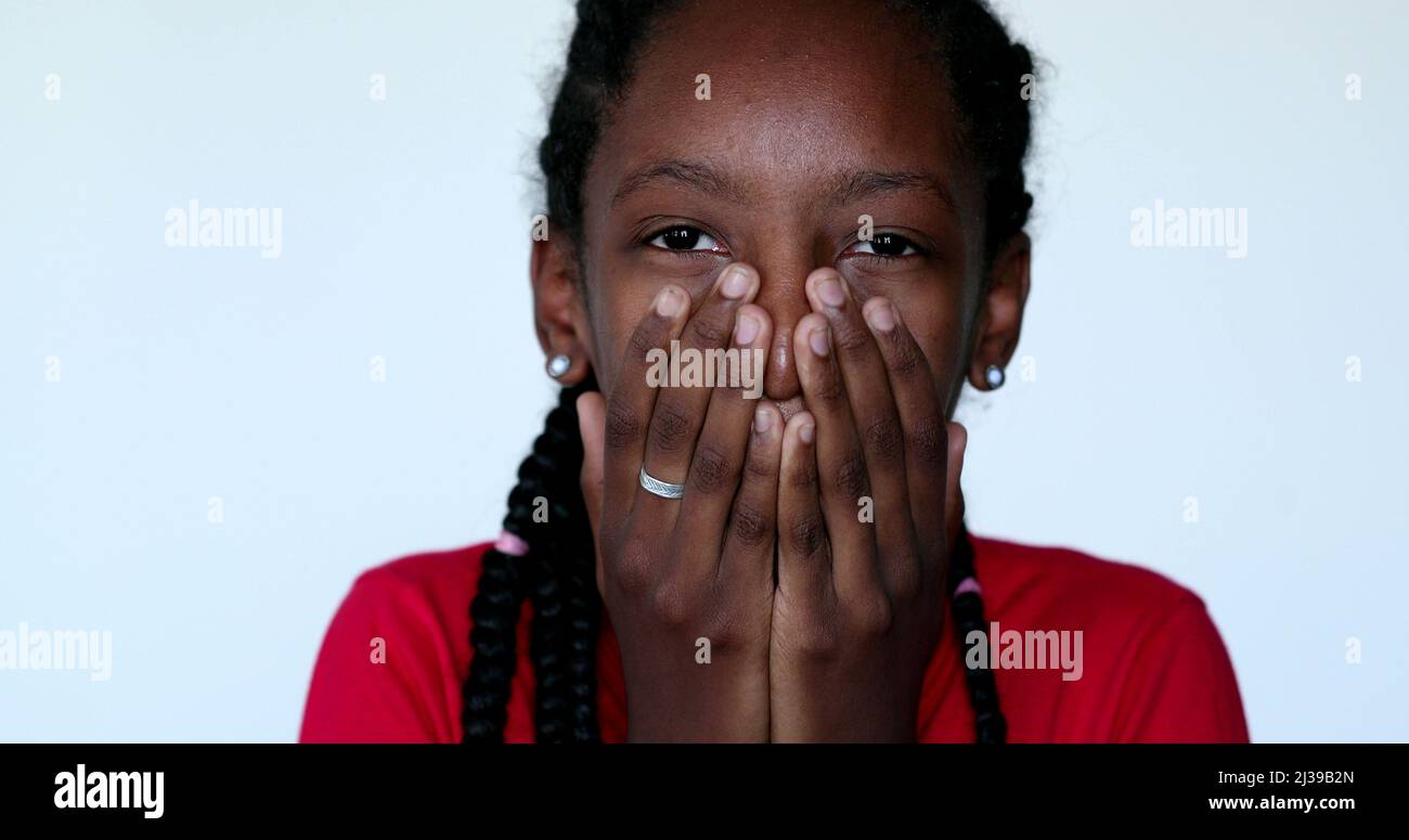 Sad Anxious black teen african girl portrait face, emotional reaction ...