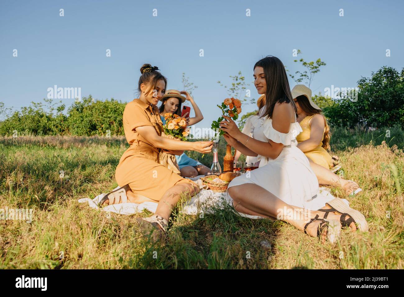 Summer party, Outdoor Gathering with friends. Five young women, Friends ...