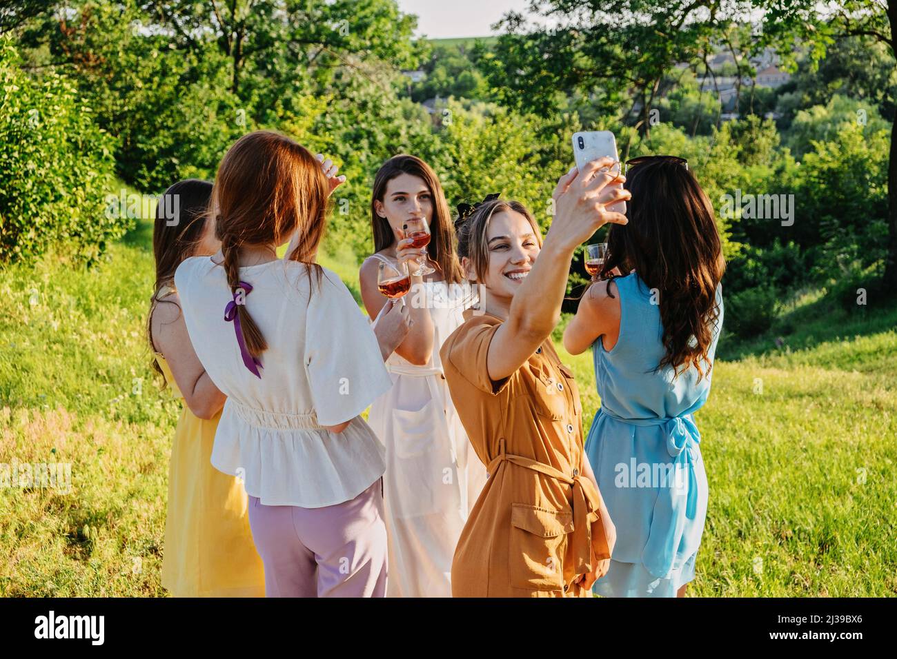 Summer party, Outdoor Gathering with friends. Five young women, Friends ...