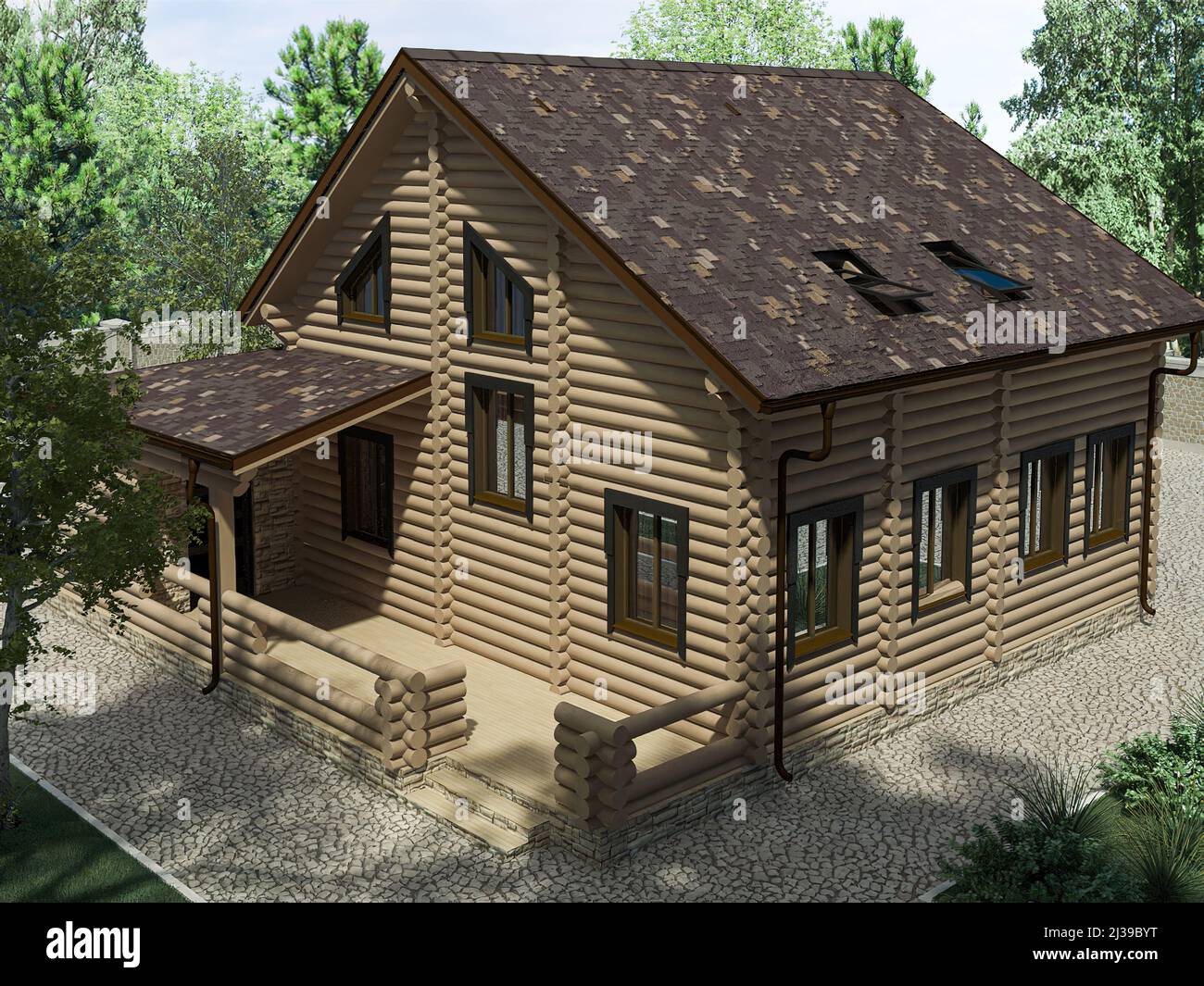 3d render of an architectural project of a wooden house from a log ...