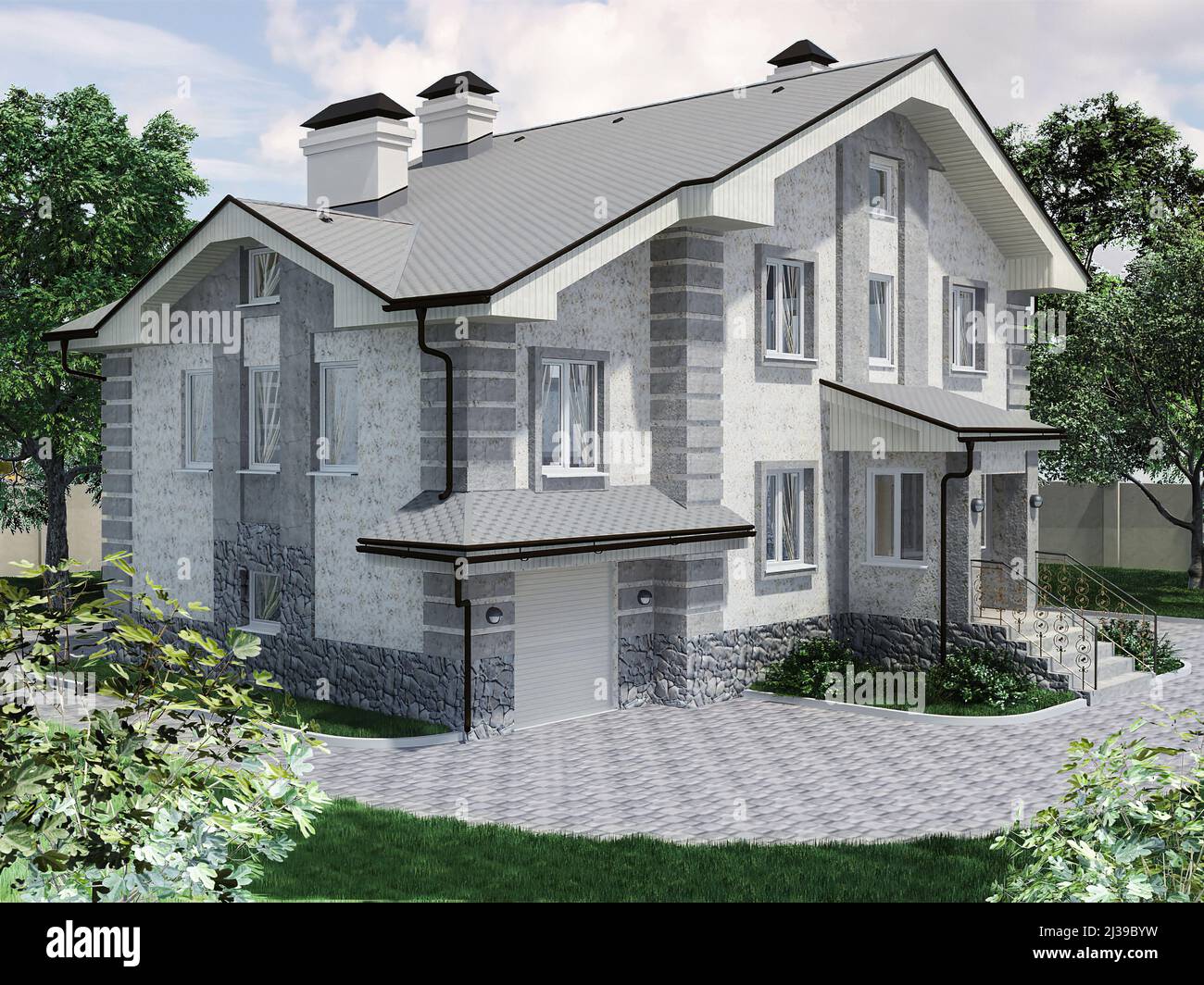 3d illustration of the concept of a two-story cottage. 3d render of an ...