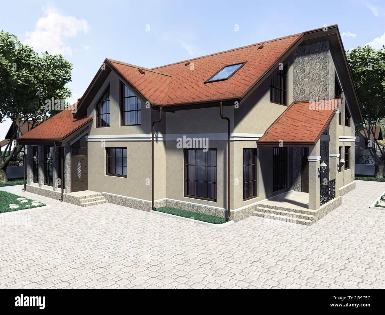 3d illustration of the concept of a two-story cottage with orange roof ...