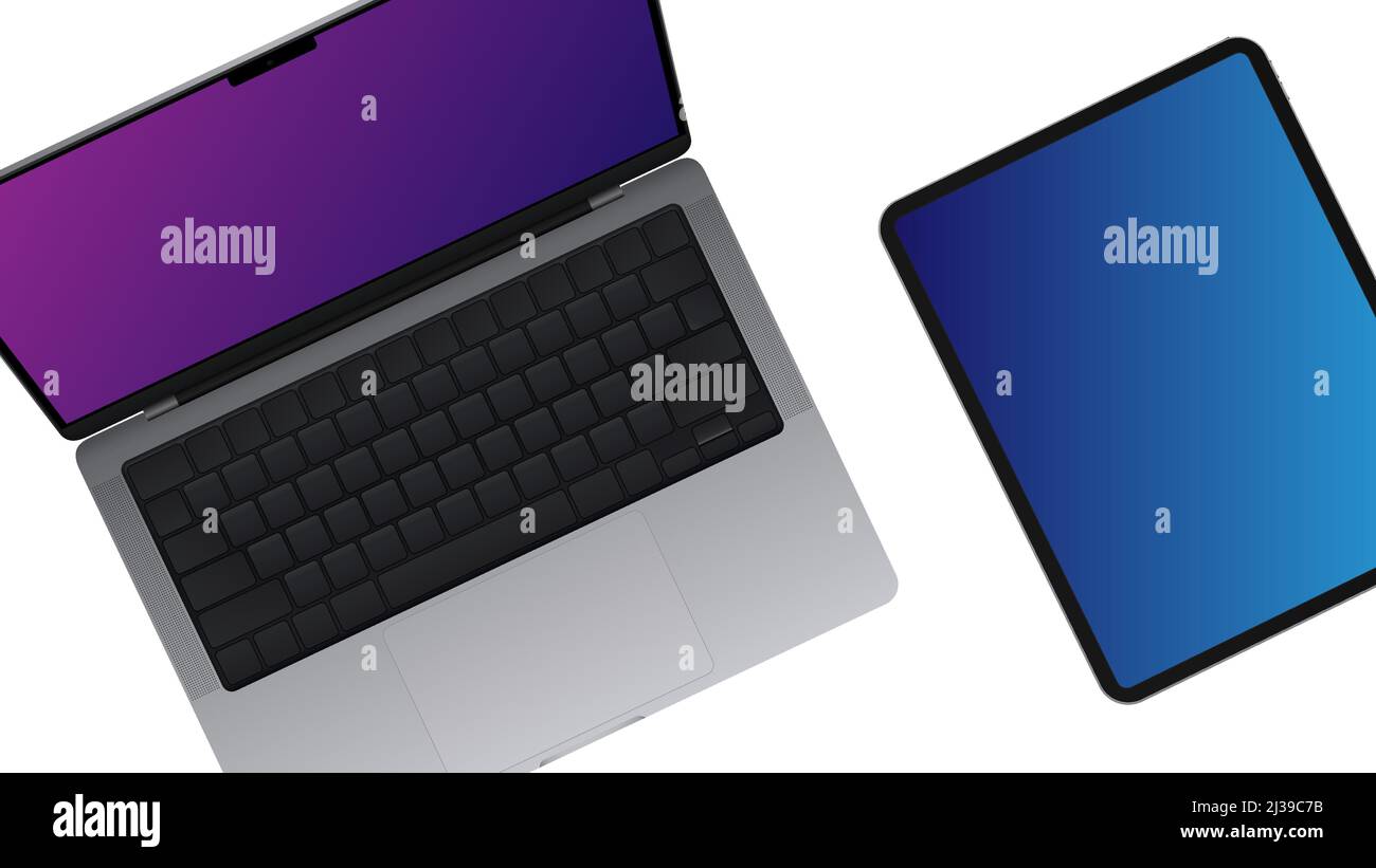 Open Laptop and Tablet Top View with Black Keyboard. Realistic Gadgets ...