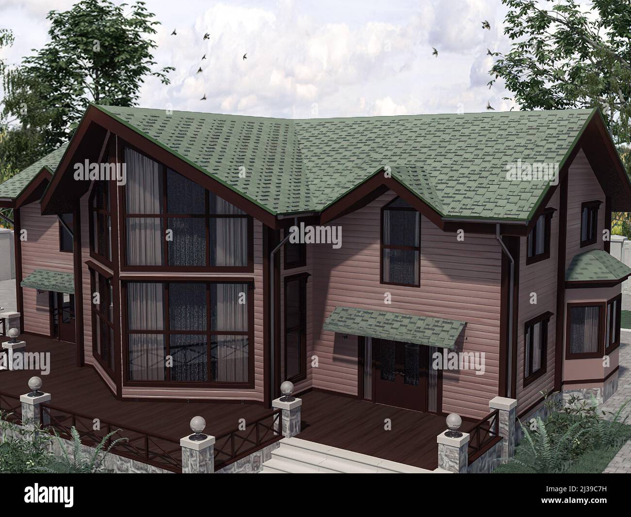 3d render of an architectural project of a country house in the forest ...