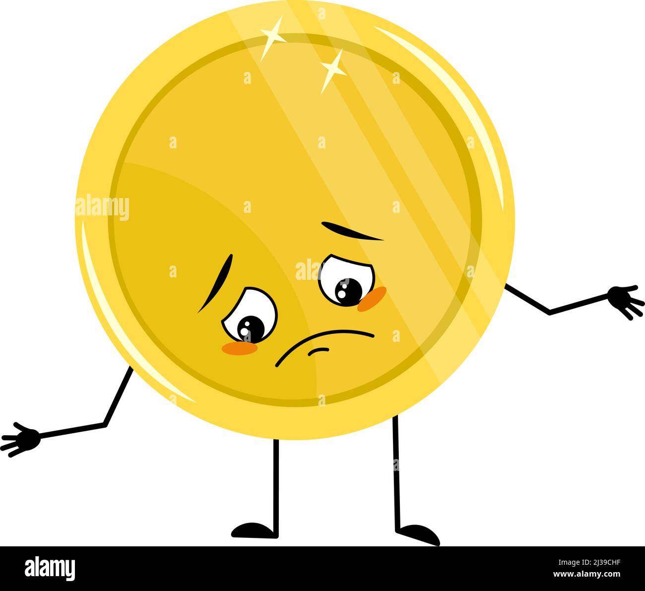 Cute golden coin character with sad emotions, depressed face, down eyes ...