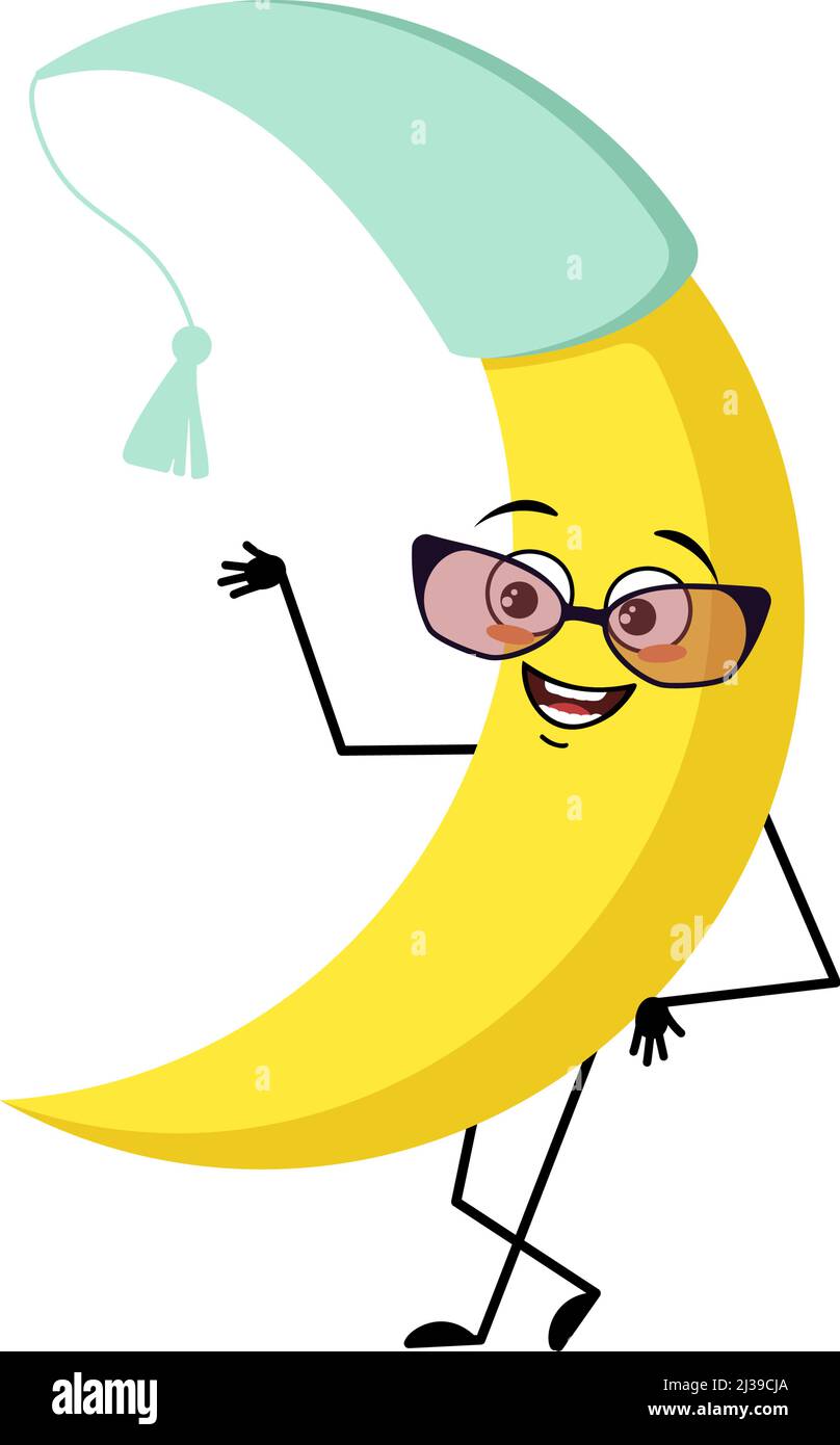 Cute moon character in nightcap with glasses and happy emotion, face ...