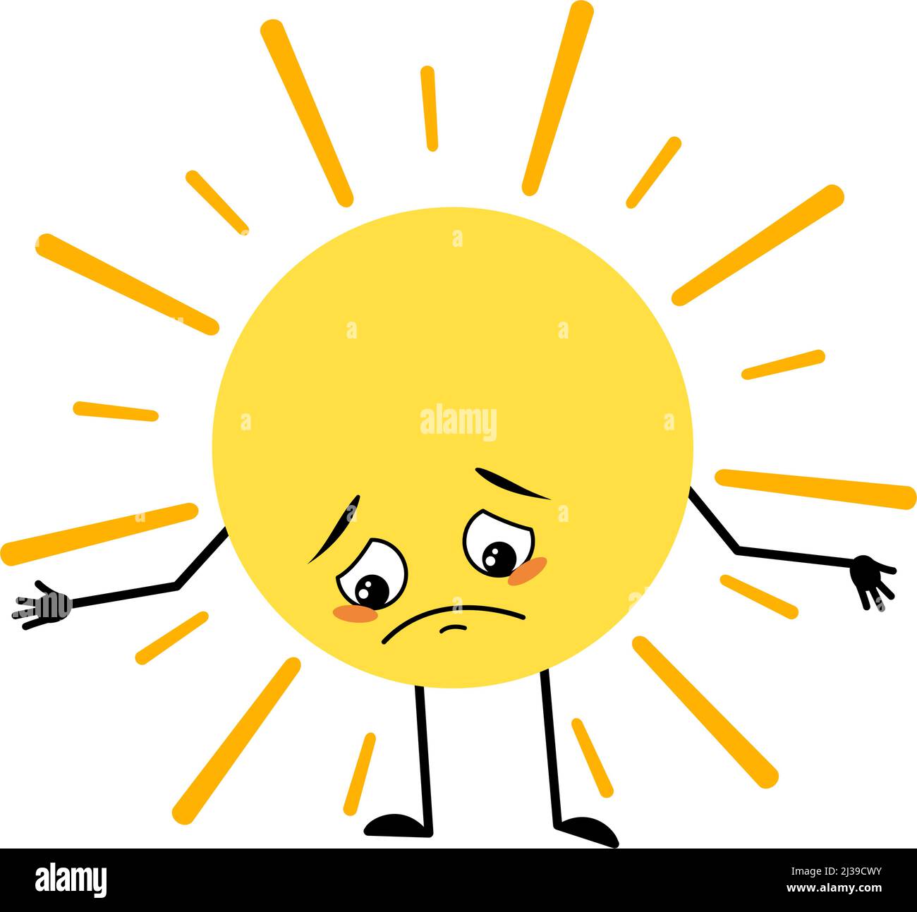 Cute sun character with sad emotions, depressed face, down eyes, arms ...